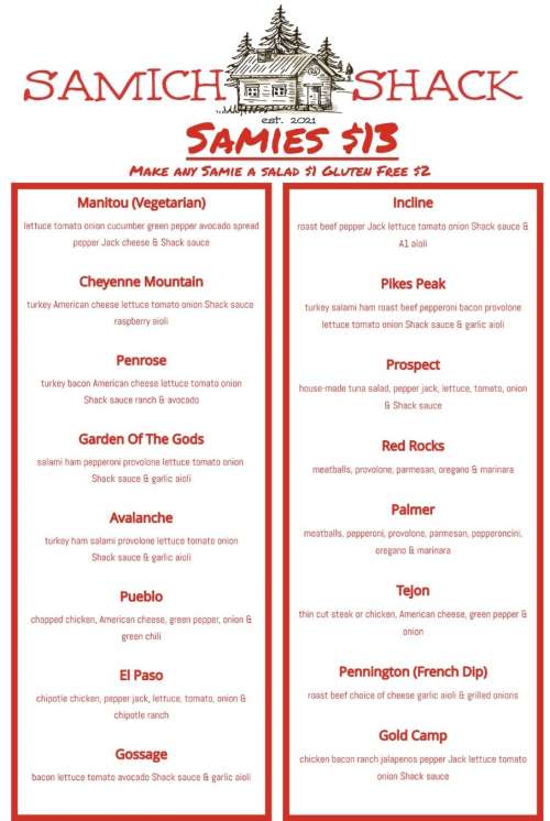 Samich Shack menu in Colorado Springs, Colorado, USA