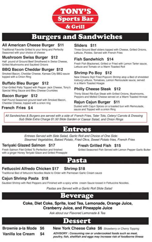Tony's Sports Bar & Grill menu in Sandy Springs, Georgia, USA