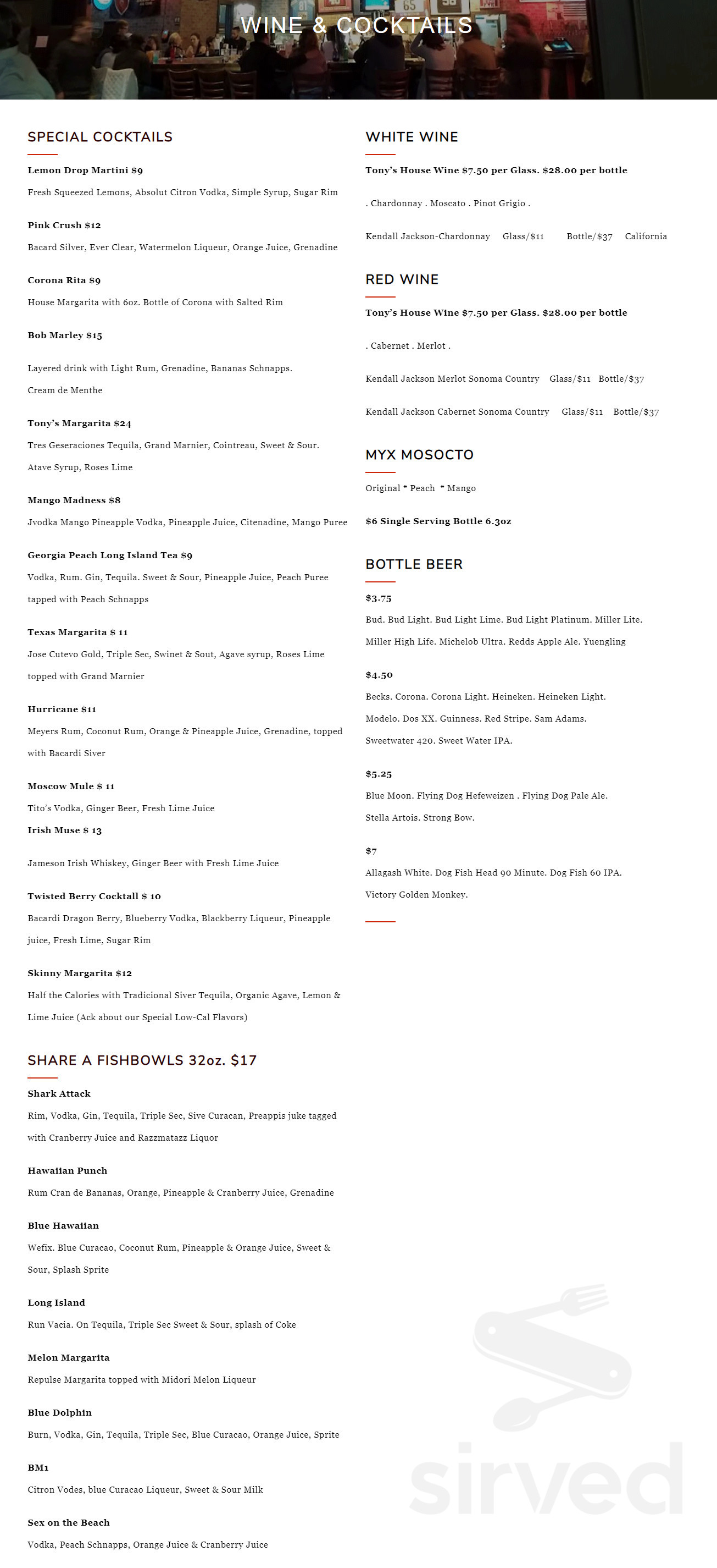 Tony's Sports Bar & Grill menu in Sandy Springs, Georgia, USA