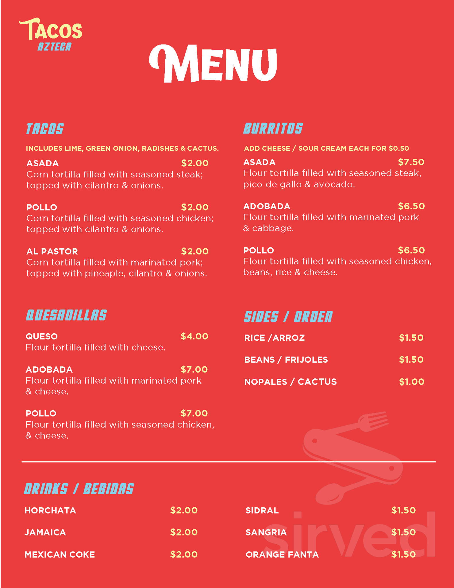 Menu - Lincoln NE's Tacos Azteca | Sirved