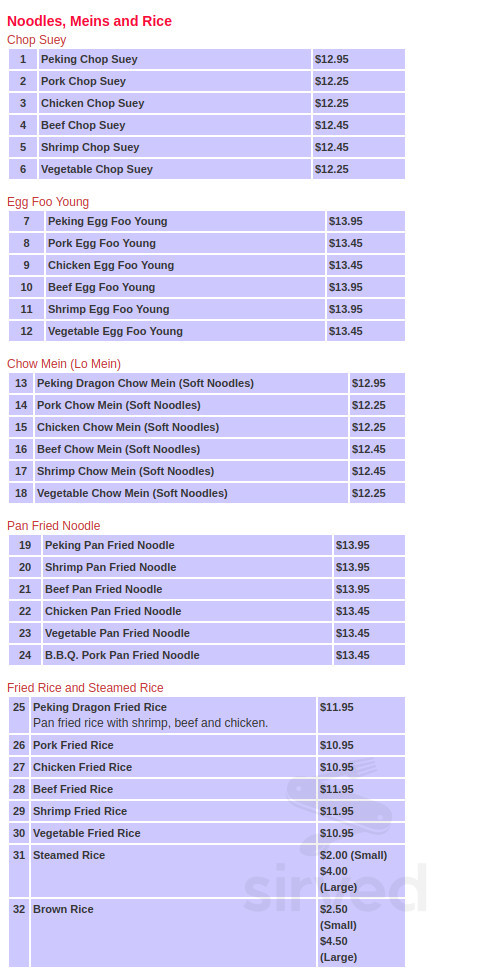 Peking Dragon Restaurant menu in Dana Point, California, USA