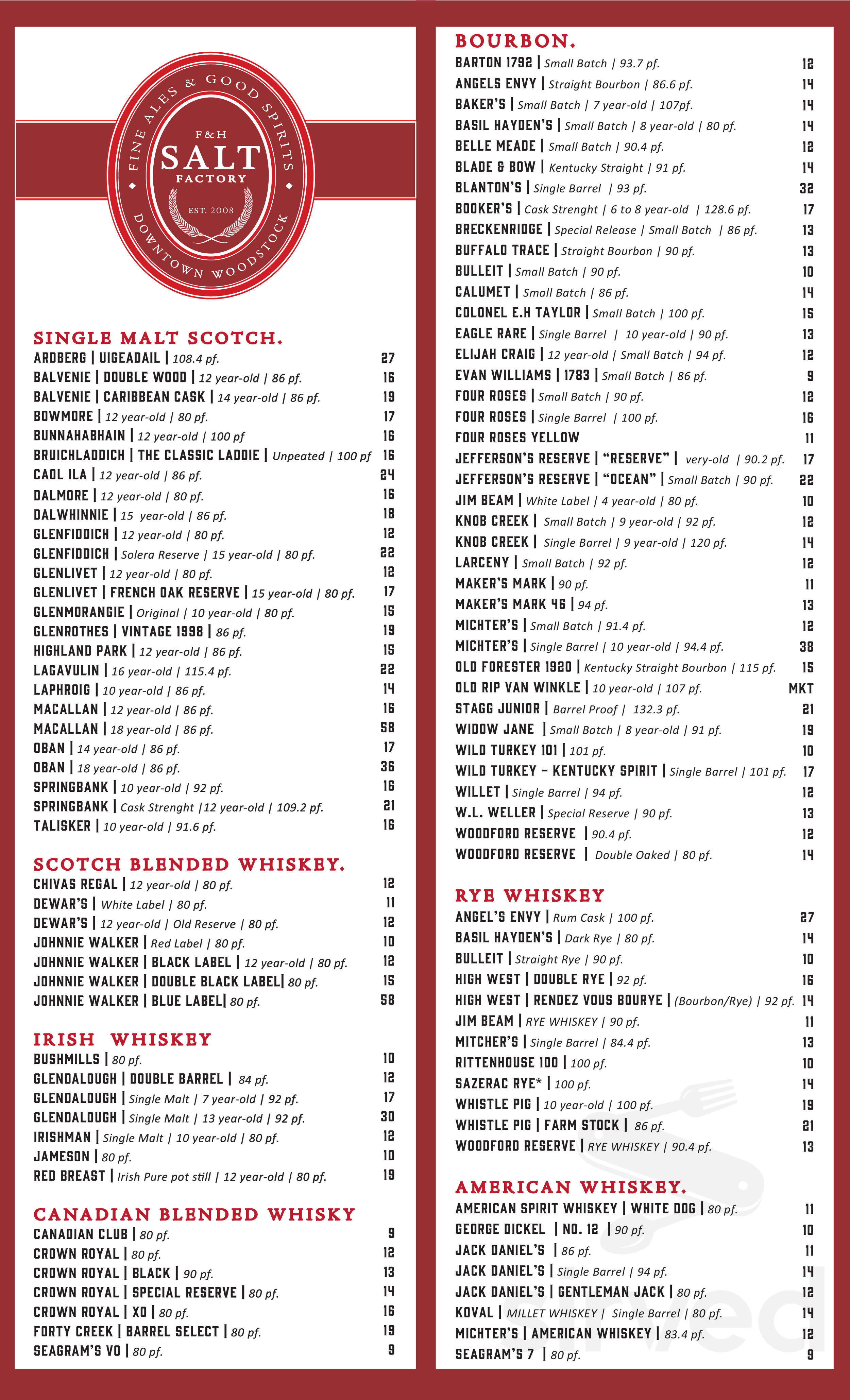 Salt Factory Pub menu in Woodstock, Georgia, USA