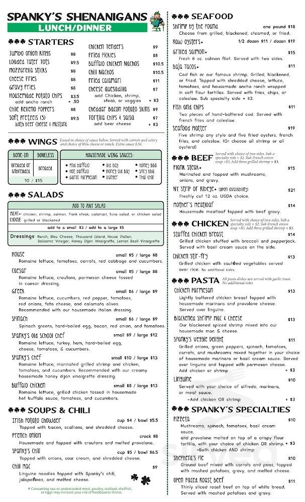 Menu - Leesburg VA's Spanky's Shenanigans | Sirved