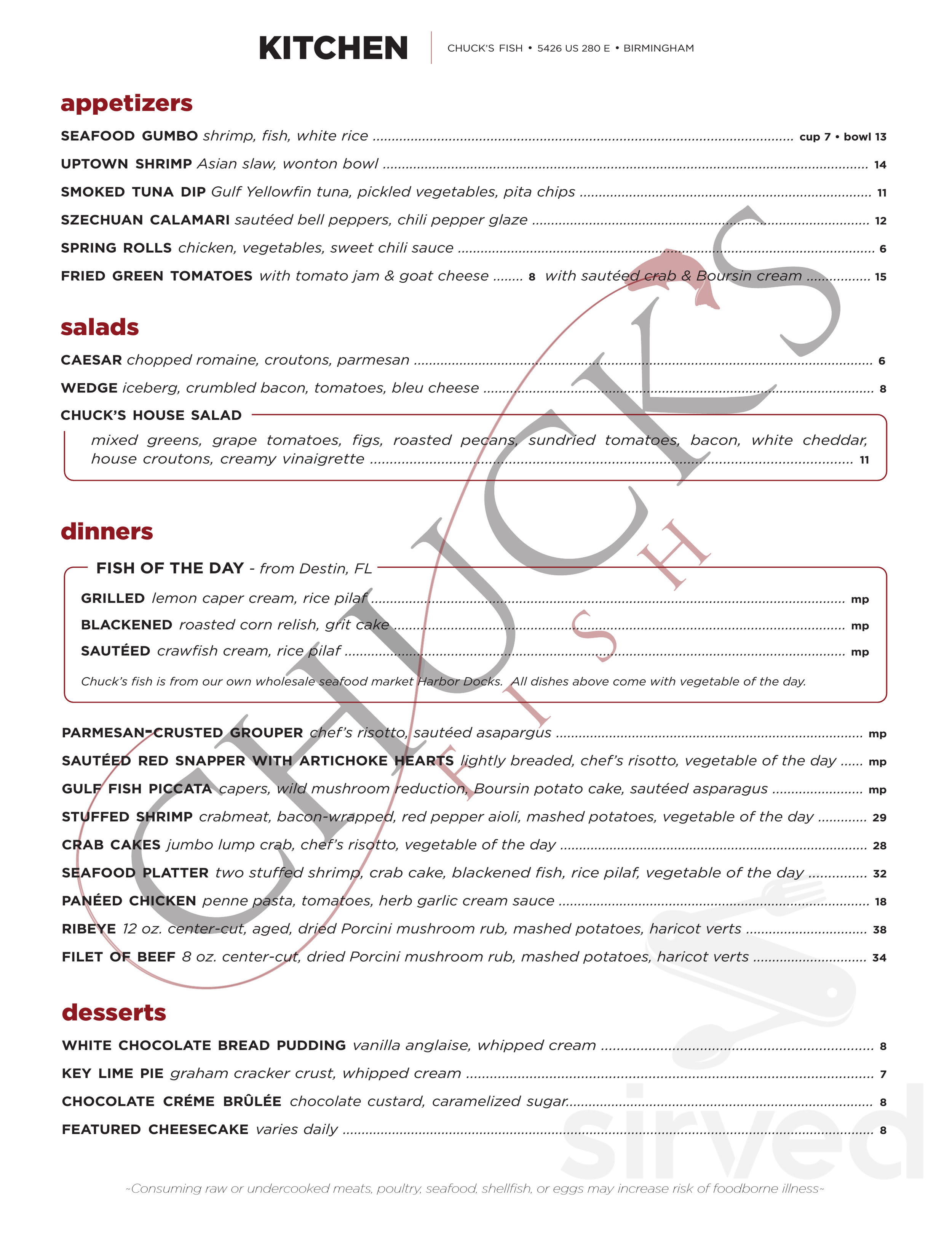 Chuck's Fish Birmingham menu in Birmingham, Alabama, USA