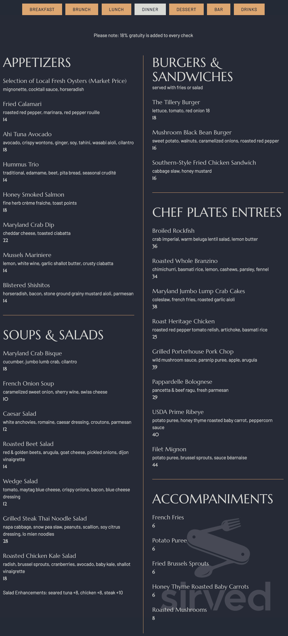 Menu for The Tillery Restaurant & Bar in Owings Mills, MD | Sirved