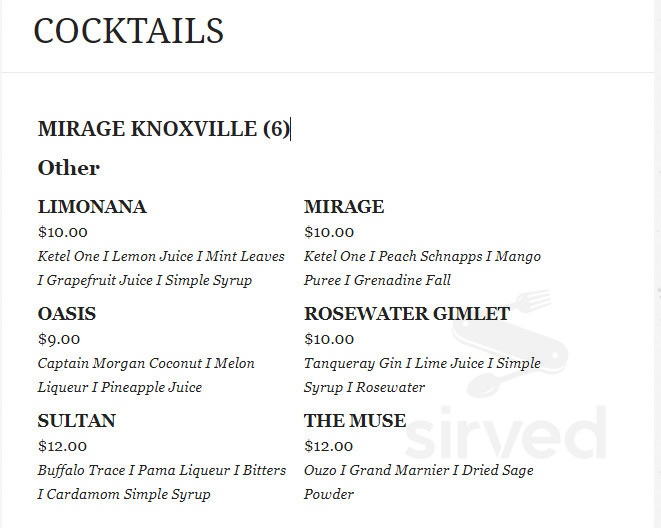 Mirage Knoxville menu in Knoxville, Tennessee, USA