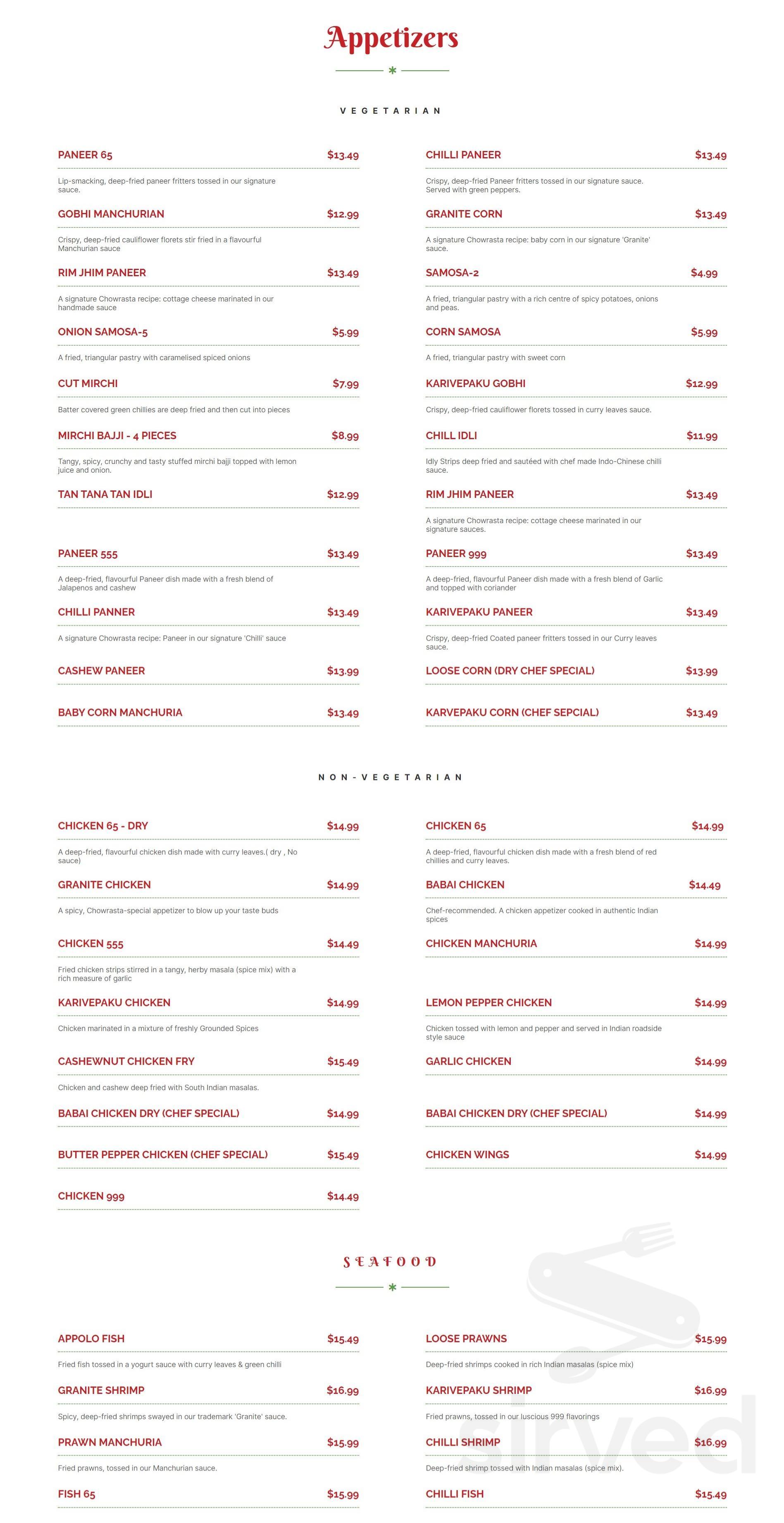 Menu - Oshawa ON's Chowrasta Indian Cuisine - Oshawa | Sirved