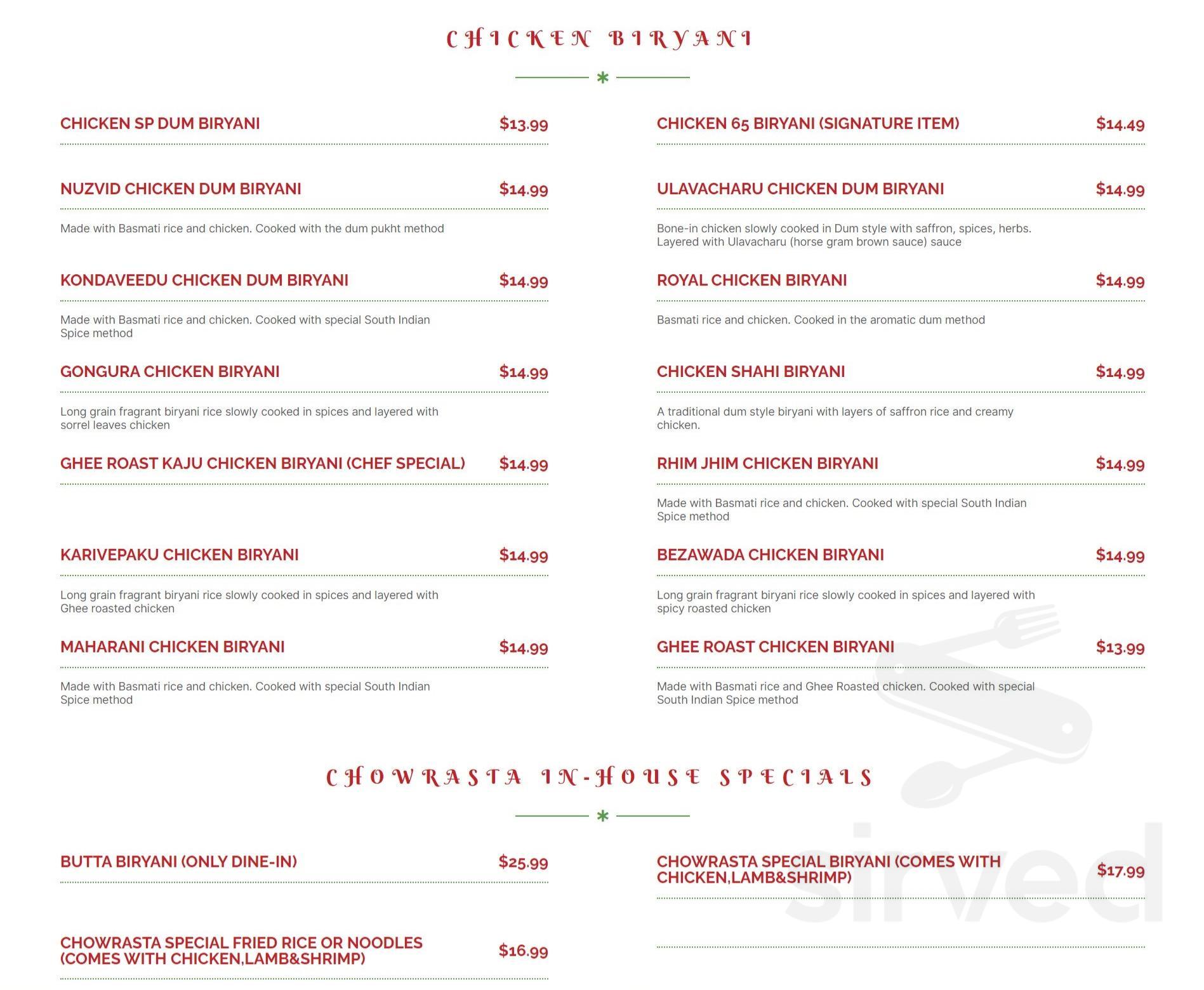 Chowrasta Indian Cuisine - Markham menus in Scarborough, Ontario, Canada