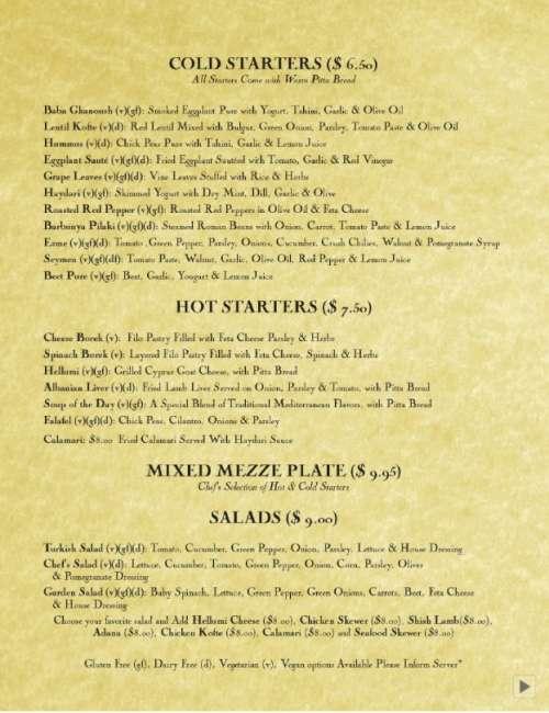 Efendy Turkish & Mediterranean Grill menu in Halifax, Nova Scotia, Canada