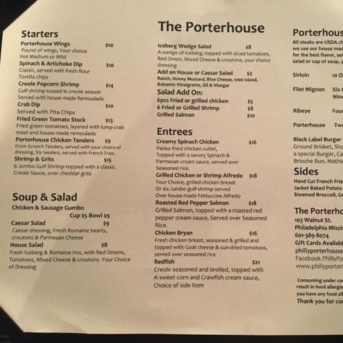 The Porterhouse menu in Philadelphia, Mississippi, USA