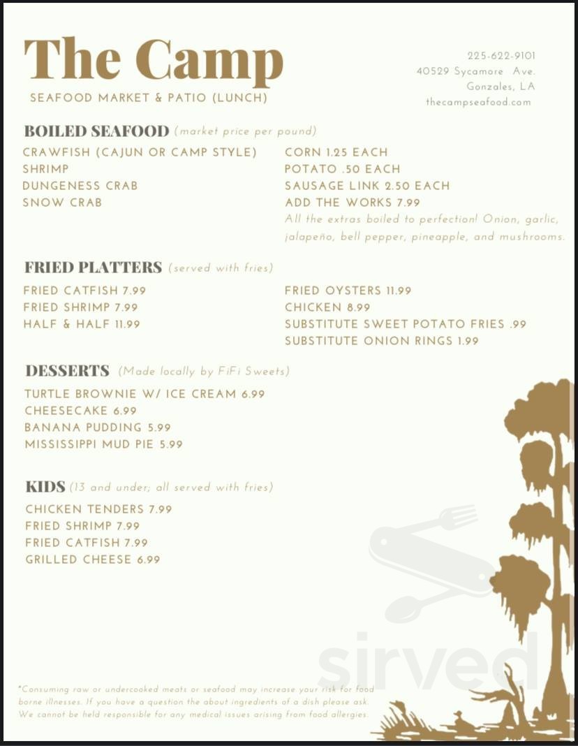 Menu for The Camp Seafood Market & Patio in Gonzales, LA | Sirved