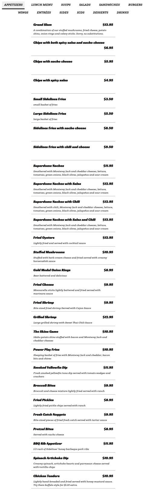 Sidelines Sports Bar and Restaurant menu in Pensacola Beach, Florida, USA