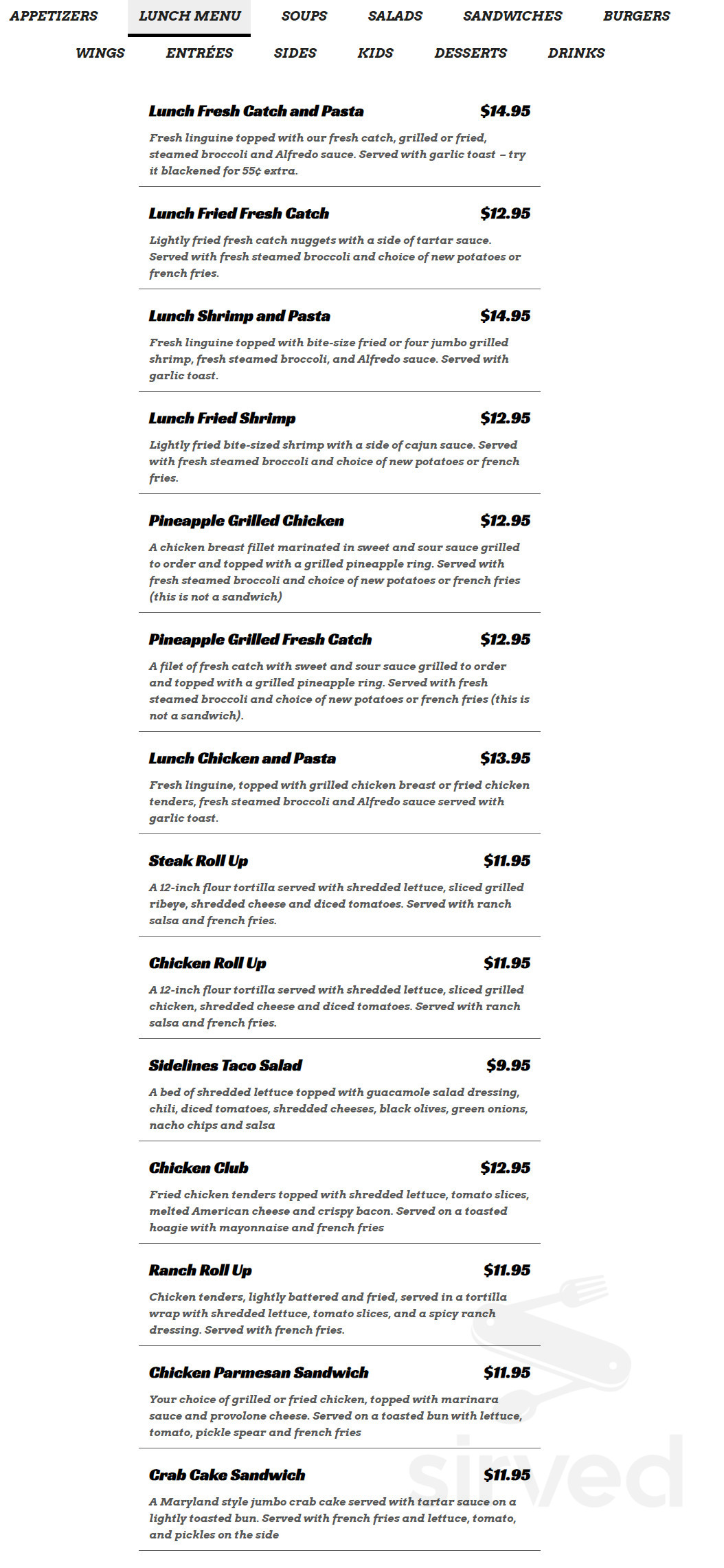 Sidelines Sports Bar and Restaurant menu in Pensacola Beach, Florida, USA