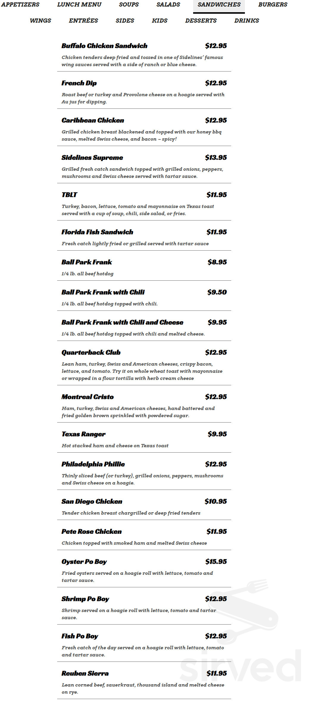 Sidelines Sports Bar and Restaurant menu in Pensacola Beach, Florida, USA