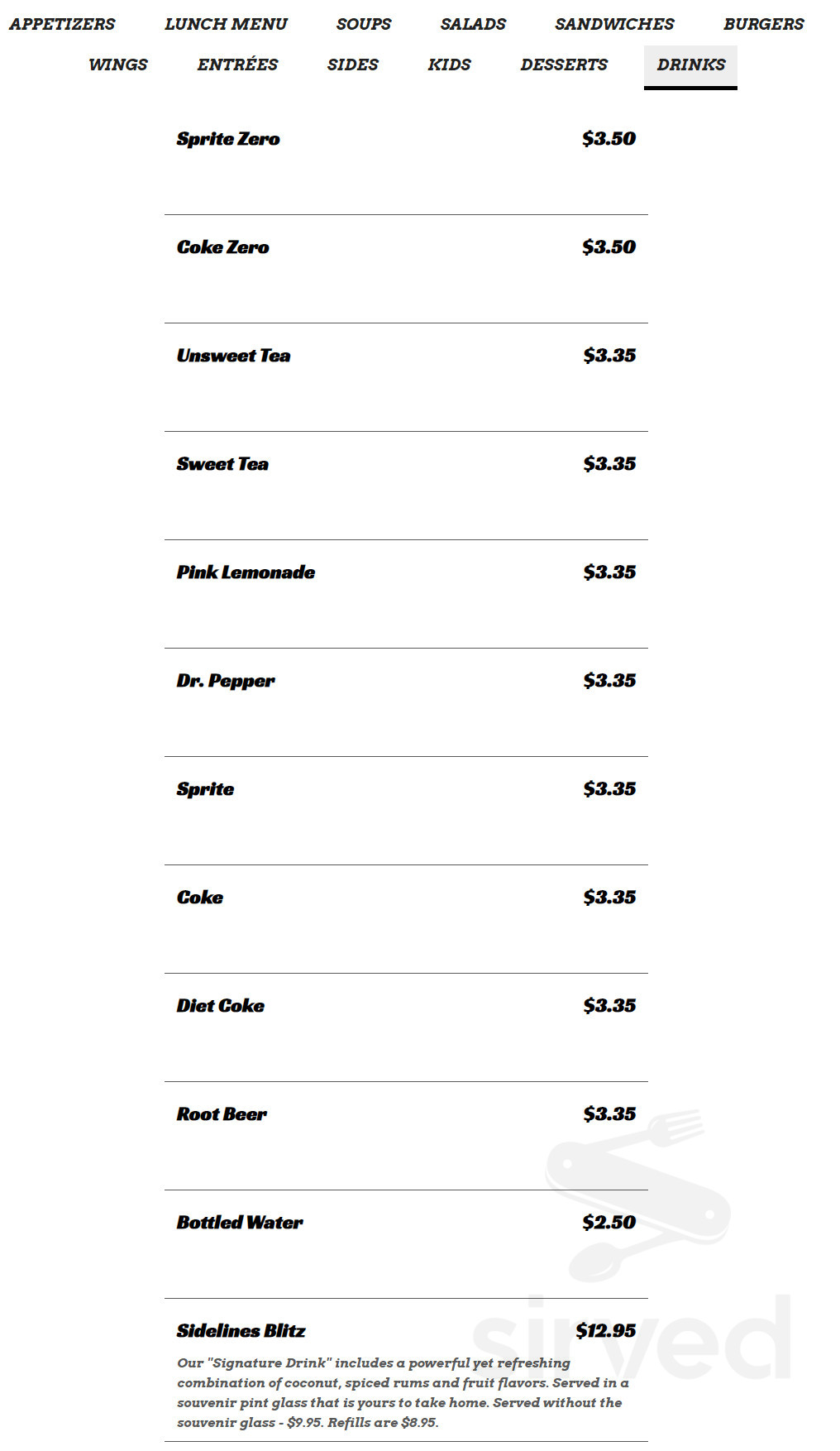 Sidelines Sports Bar and Restaurant menu in Pensacola Beach, Florida, USA