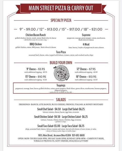 Main St. Pizza & Carryout menu in Arcanum, Ohio, USA