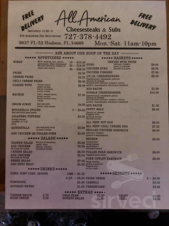 Hobbs Hideaway menu in Hudson, Florida, USA