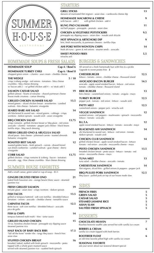 Summer House menu in Corona Del Mar, California, USA