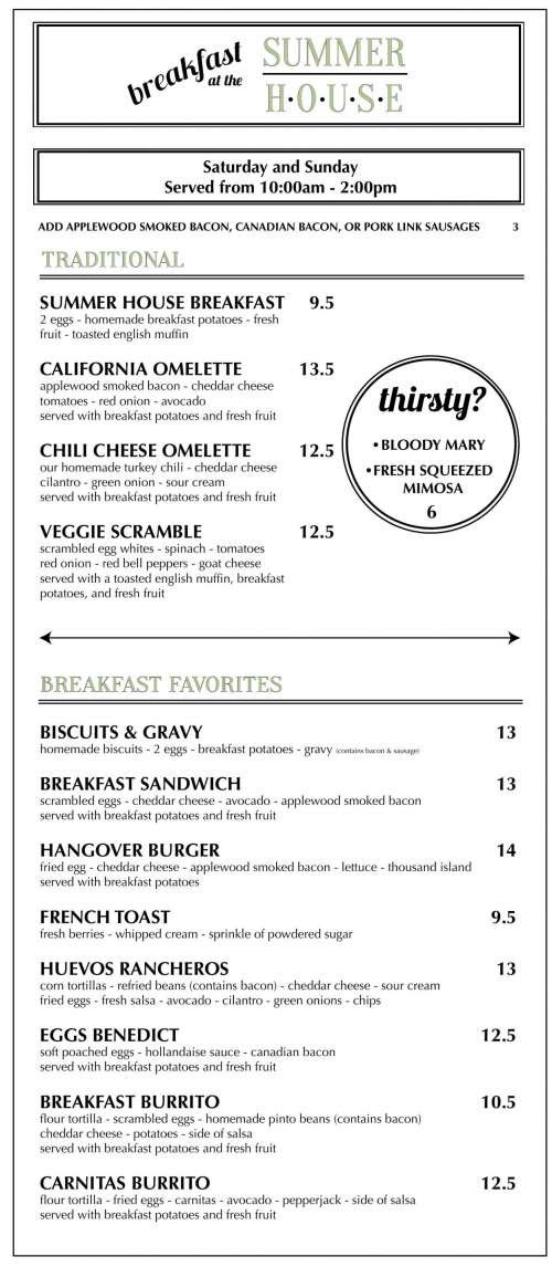 Summer House menu in Corona Del Mar, California, USA
