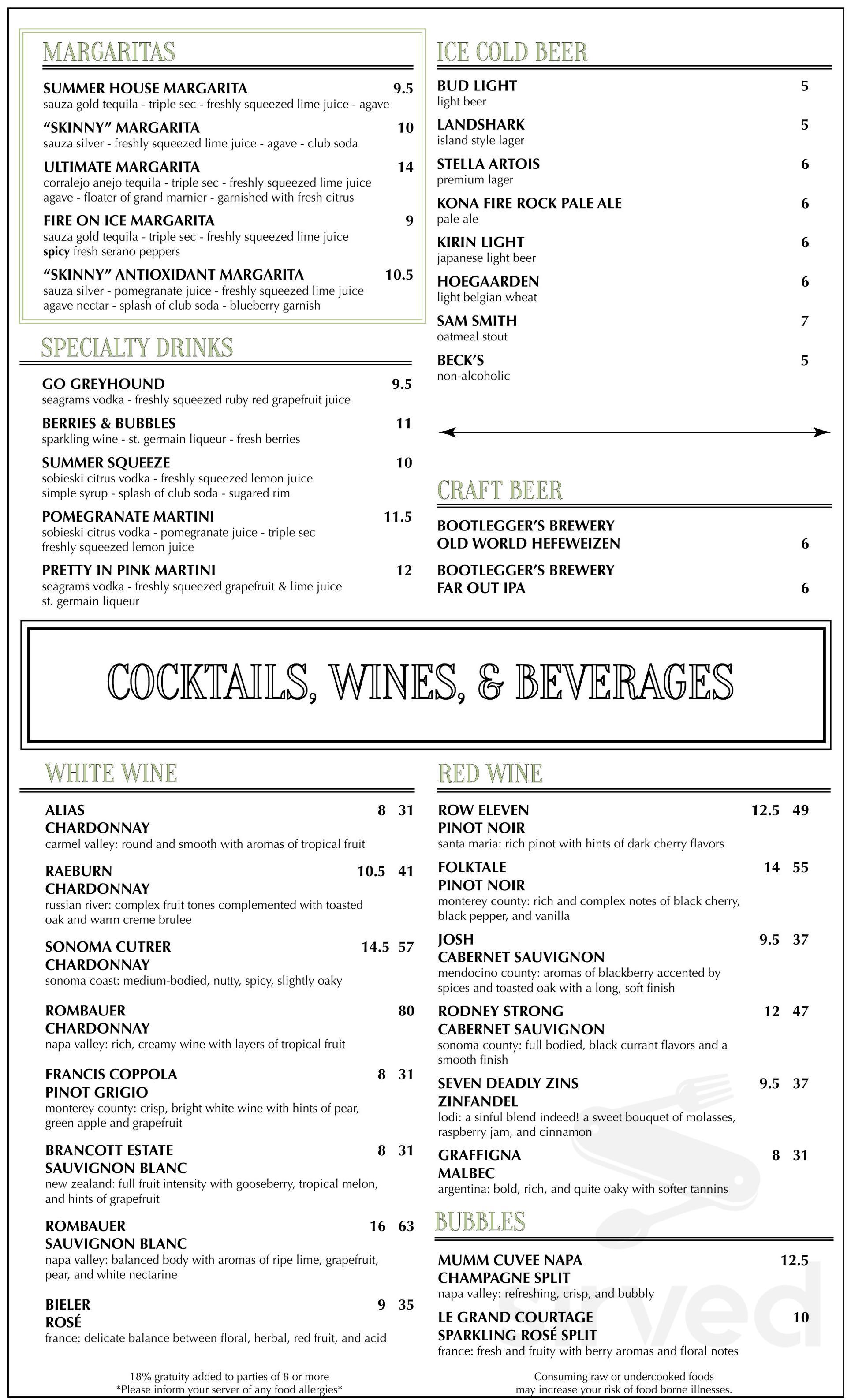 Summer House menu in Corona Del Mar, California, USA