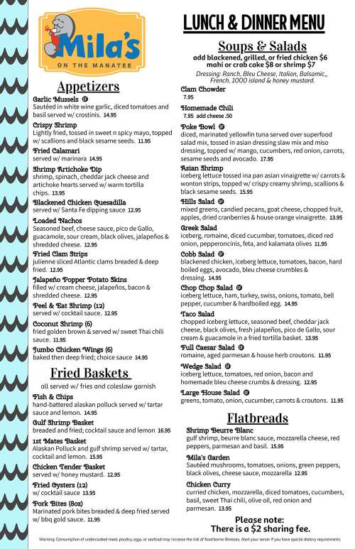 Mila's on the Manatee menu in Palmetto, Florida, USA
