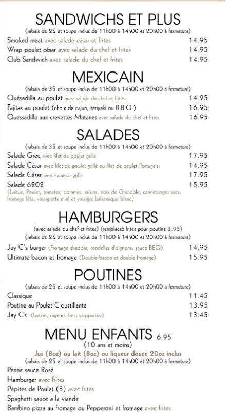 Jay C's Deli & Bar menu in Saint-Hubert, Quebec, Canada