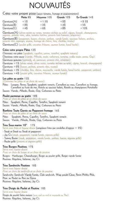 Jay C's Deli & Bar menu in Saint-Hubert, Quebec, Canada