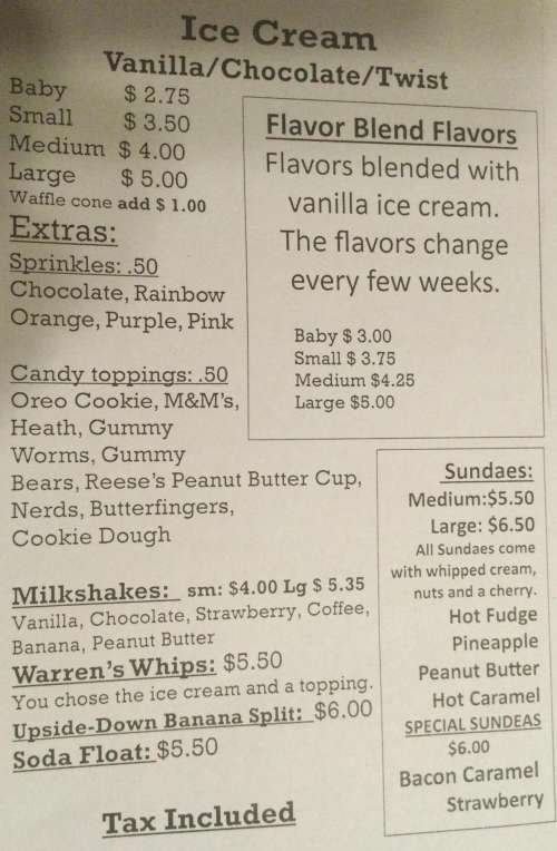 Warren's Ice Cream menu in Greenfield Center, New York, USA