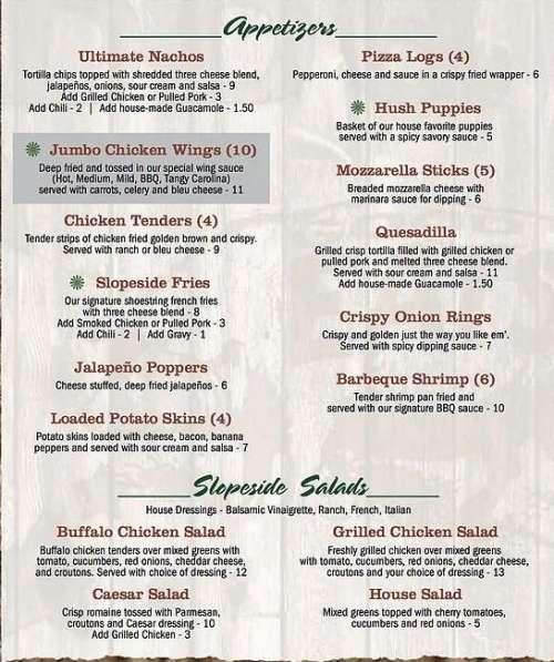 Slopeside Bar & BBQ menu in Ellicottville, New York, USA