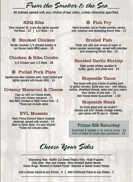 Slopeside Bar & BBQ menu in Ellicottville, New York, USA