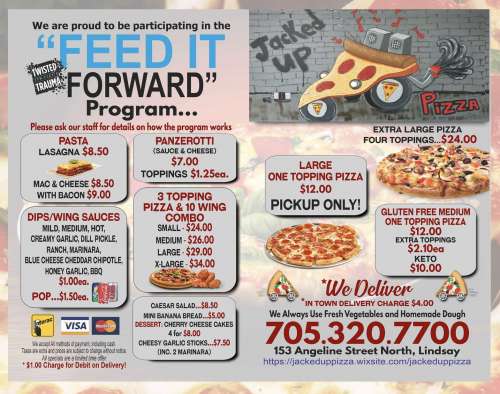 Jacked Up Pizza menu in Lindsay, Ontario, Canada