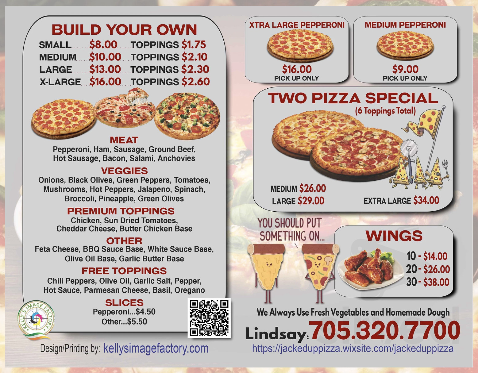 Jacked Up Pizza menus in Lindsay, Ontario, Canada
