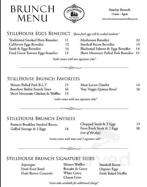 Short Mountain Distillery menu in Woodbury, Tennessee, USA