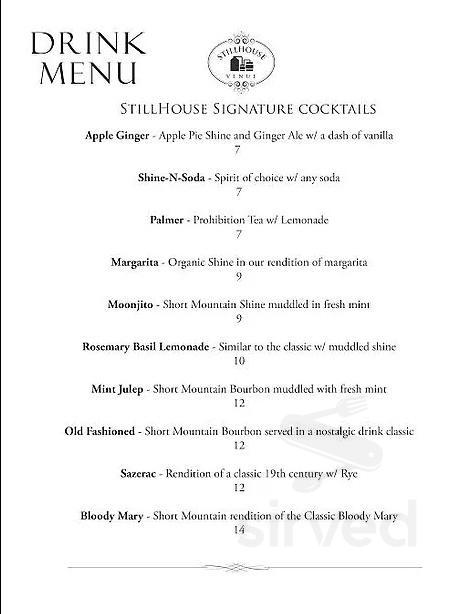 Short Mountain Distillery menu in Woodbury, Tennessee, USA