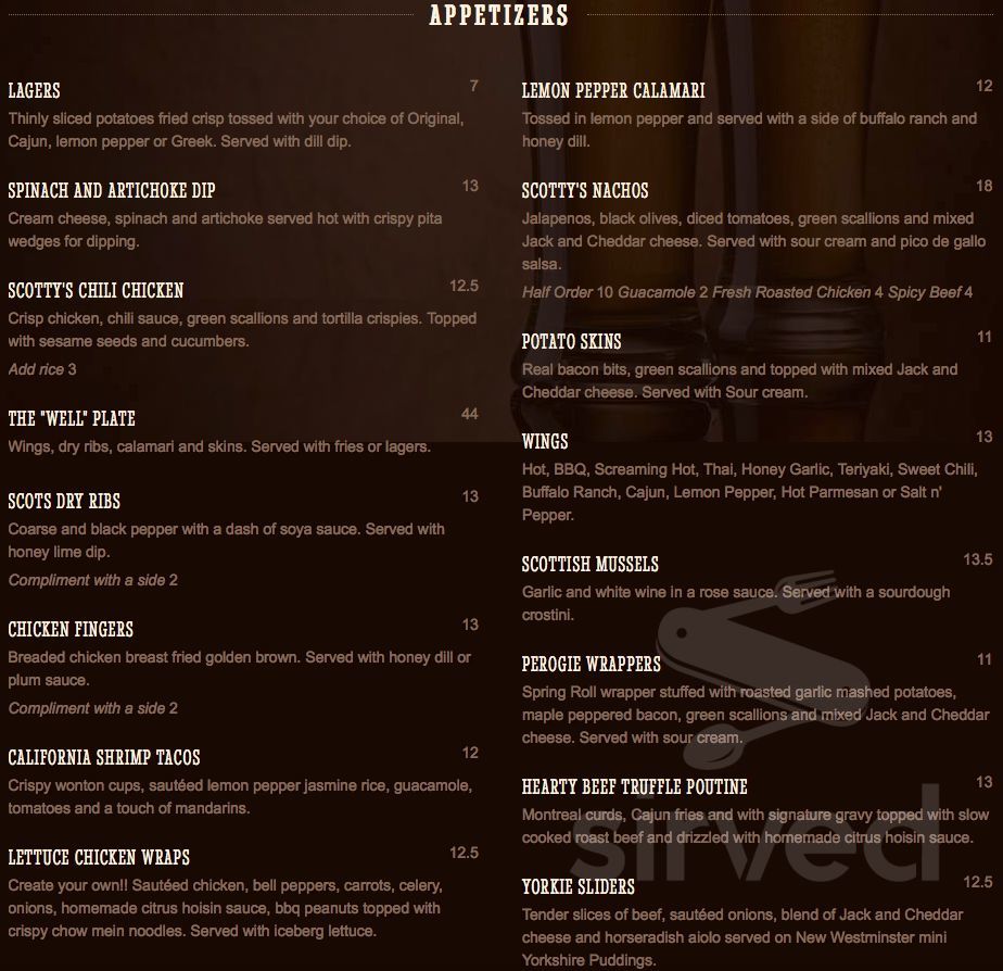 Scotsman's Well menu in Calgary, Alberta, Canada
