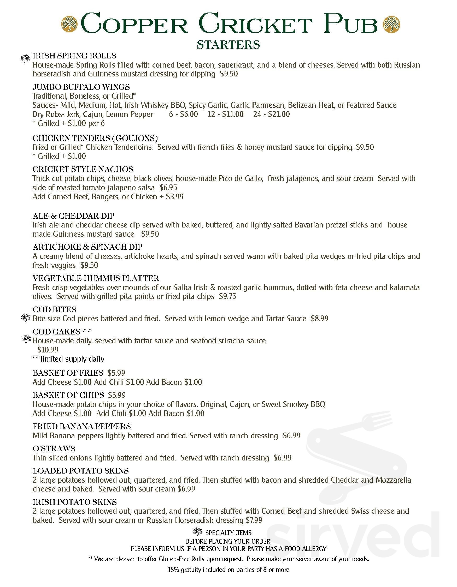 Copper Cricket Restaurant & Irish Pub menu in Sanford, North Carolina, USA