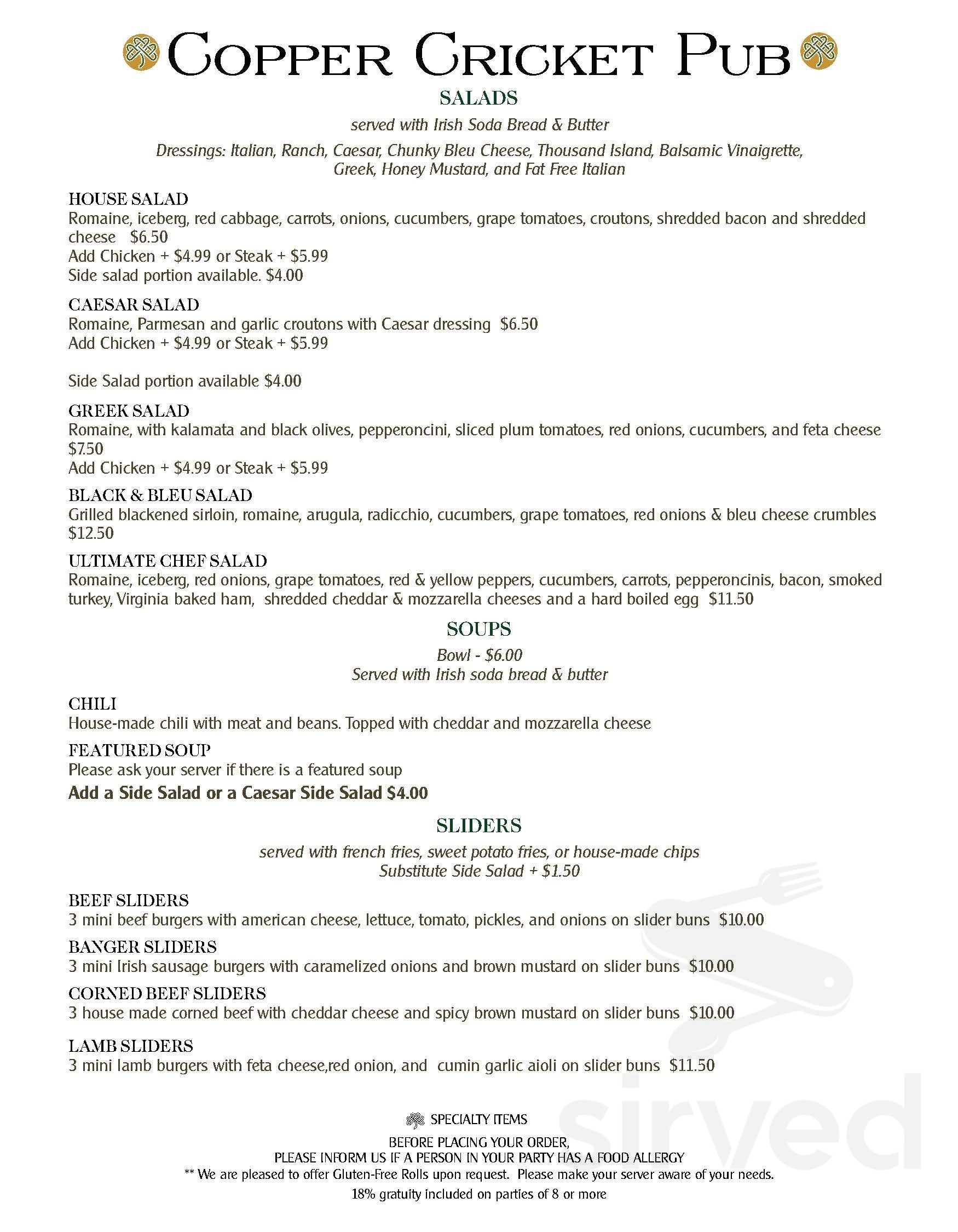 Copper Cricket Restaurant & Irish Pub menu in Sanford, North Carolina, USA