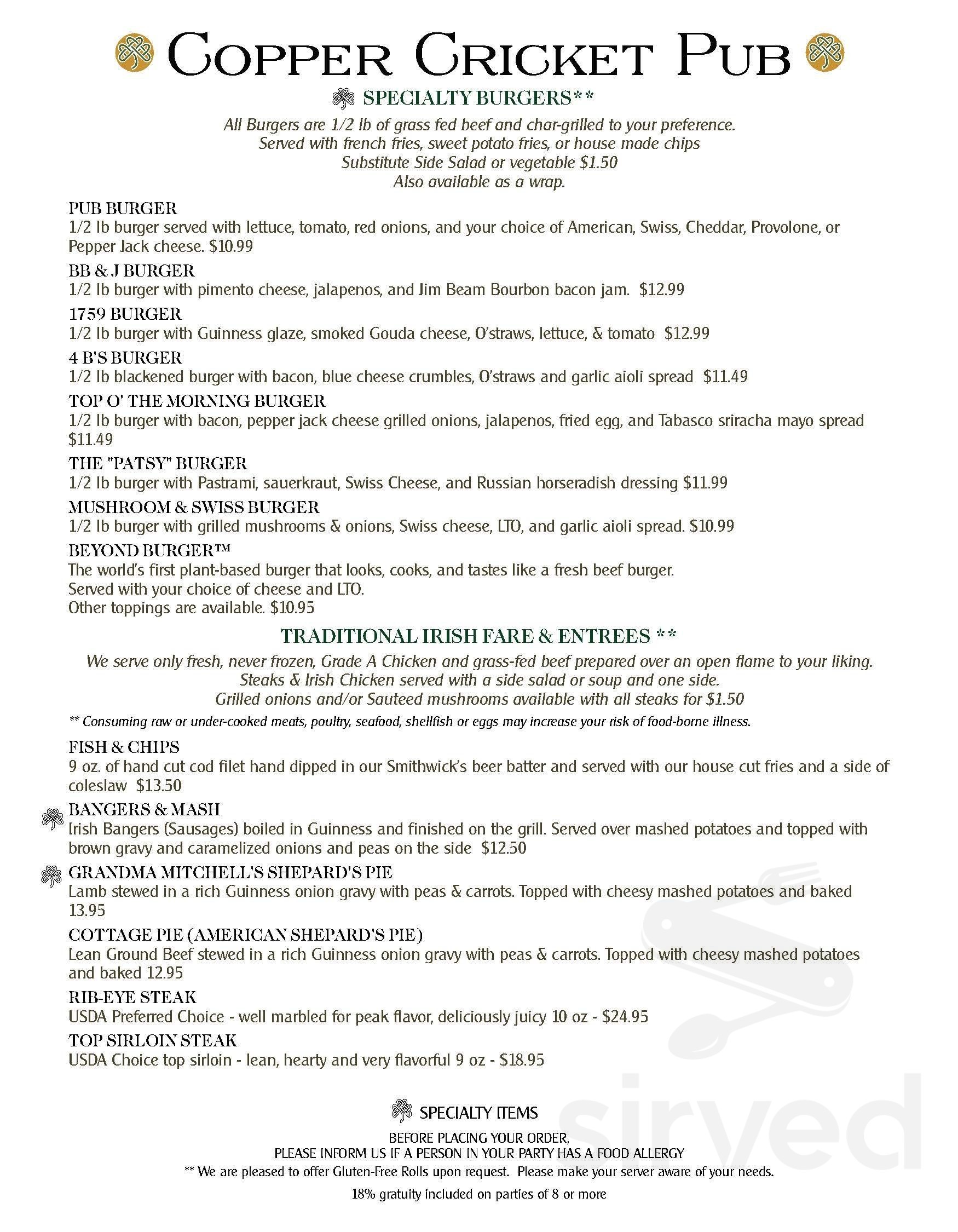 Copper Cricket Restaurant & Irish Pub menu in Sanford, North Carolina, USA