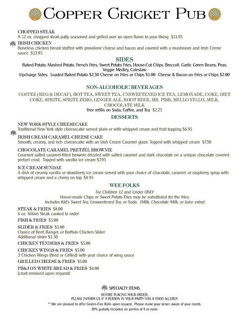 Copper Cricket Restaurant & Irish Pub menu in Sanford, North Carolina, USA