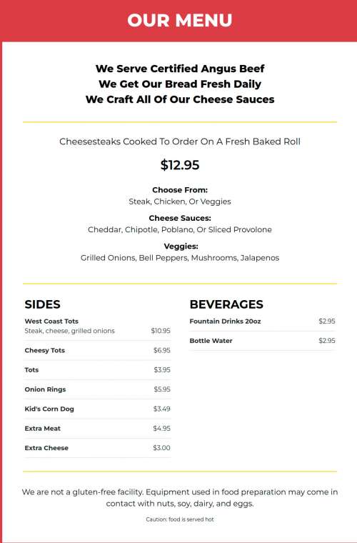 West Coast Cheesesteaks menu in Glendora, California, USA