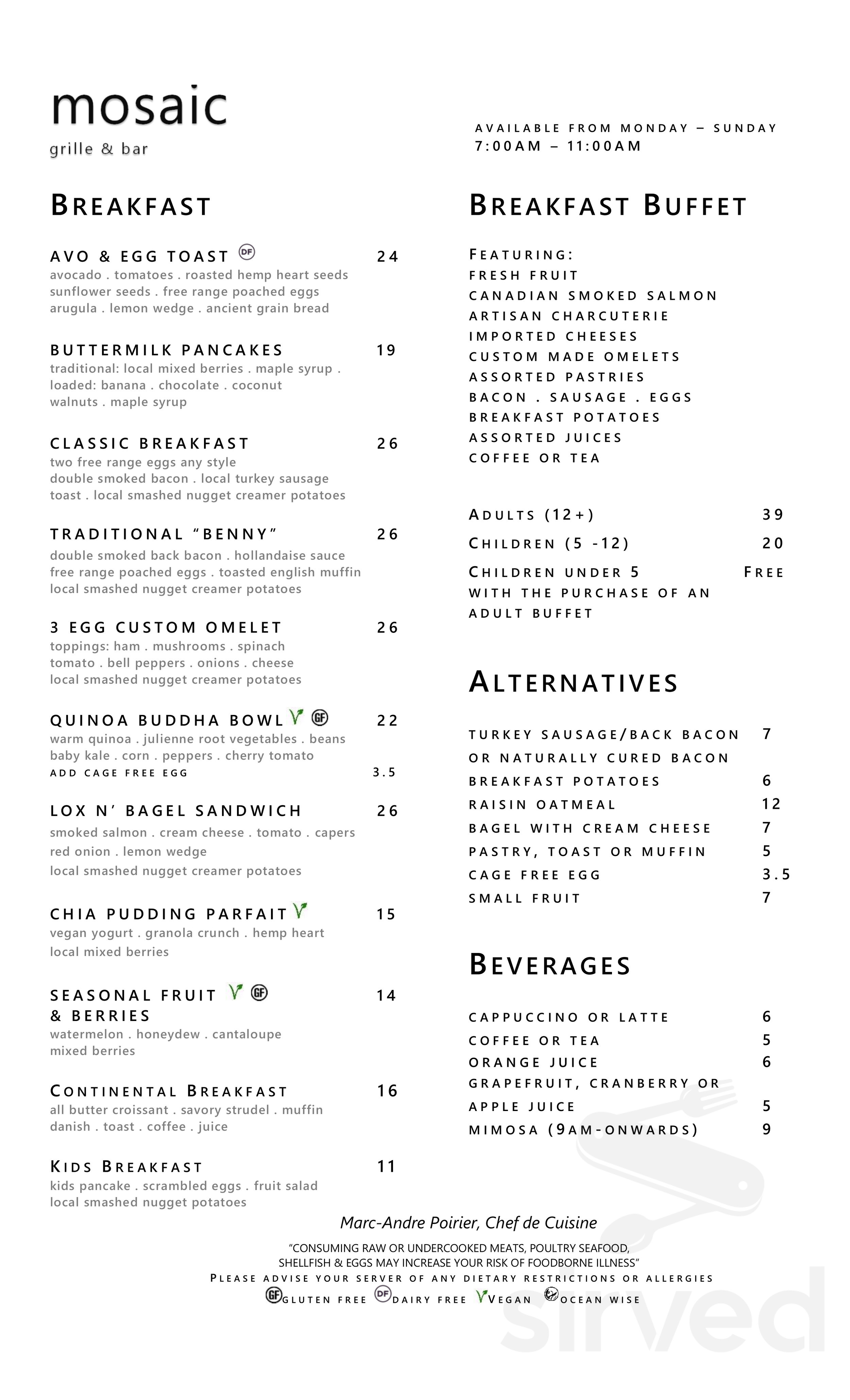 Mosaic Grille & Bar menus in Vancouver, British Columbia, Canada