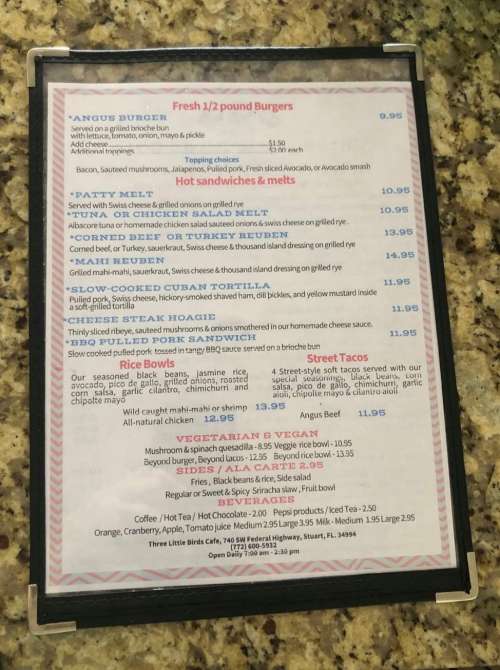 Three Little Birds Cafe menu in Stuart, Florida, USA