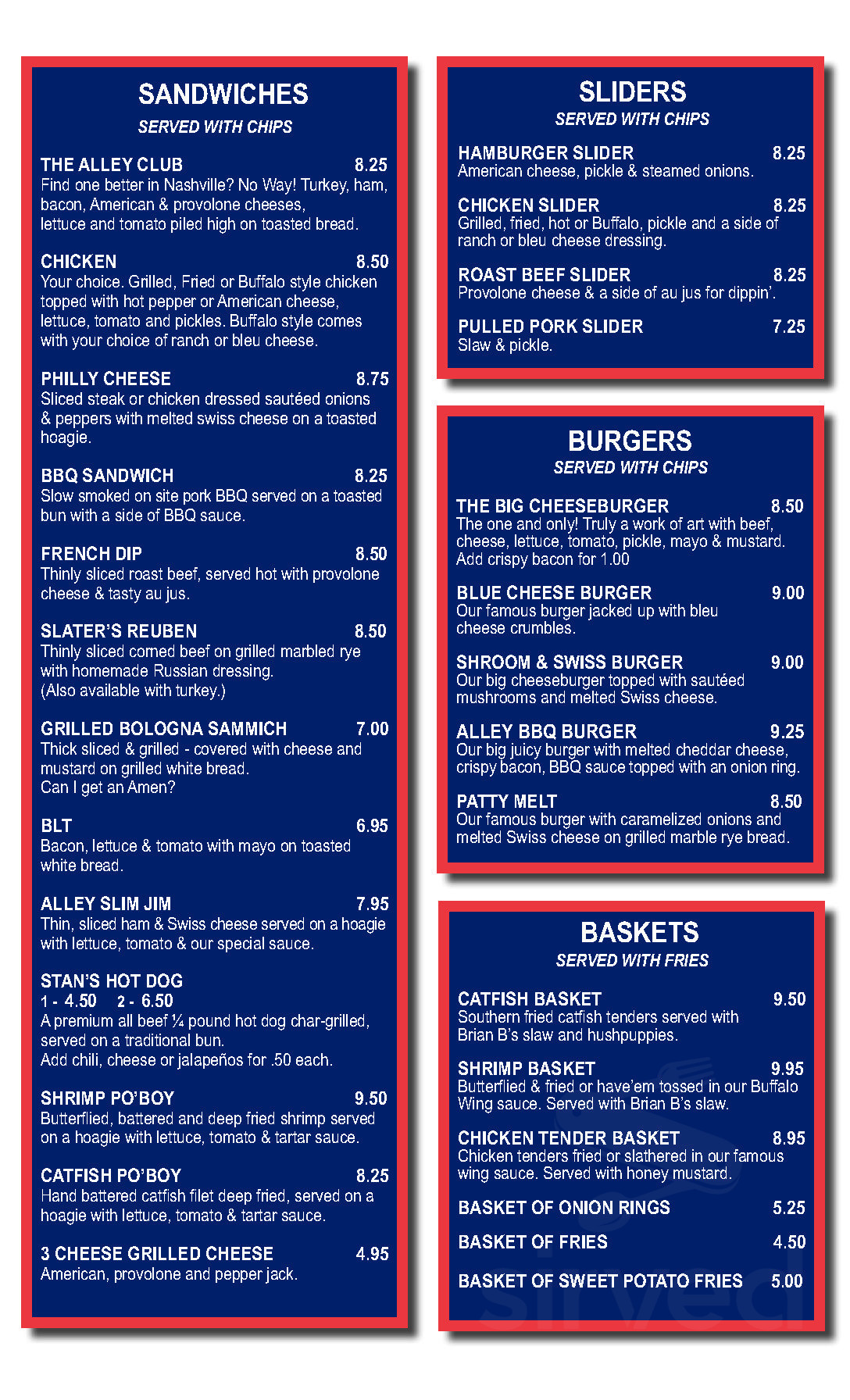 Alley Pub menu in Nashville, Tennessee, USA