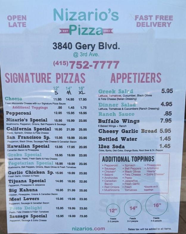 Nizario's Pizza Geary Blvd menu in San Francisco, California, USA