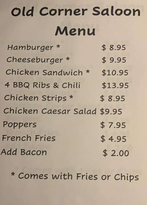 Old Corner Saloon menu in Copperopolis, California, USA