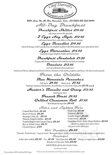 Chef Darrell's Mountain Diner menu in Blue Mountain Lake, New York, USA