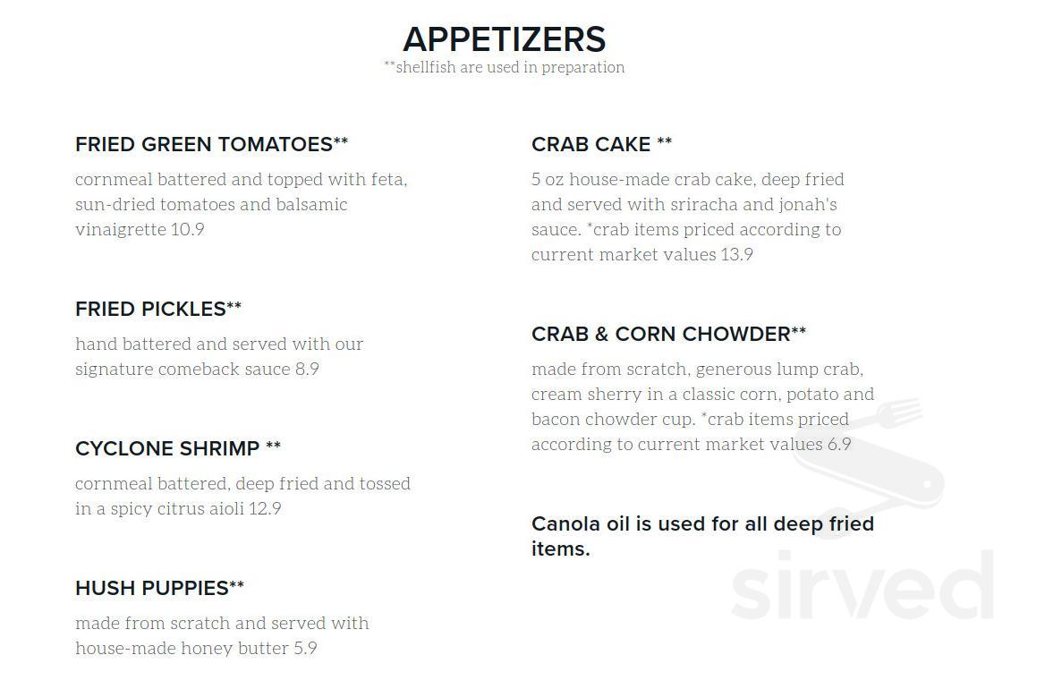 Jonah's menu in Thomasville, Georgia, USA