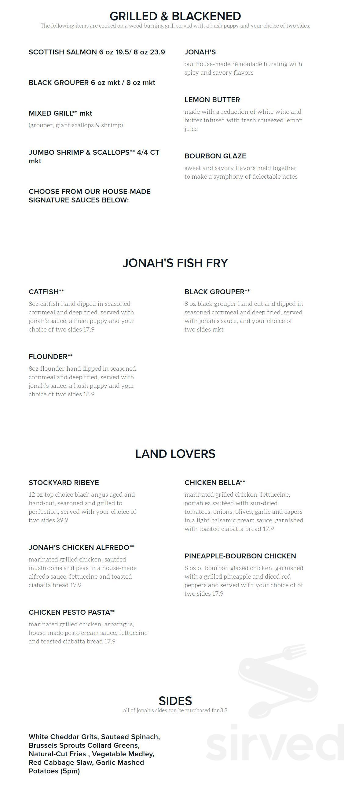 Jonah's menu in Thomasville, Georgia, USA