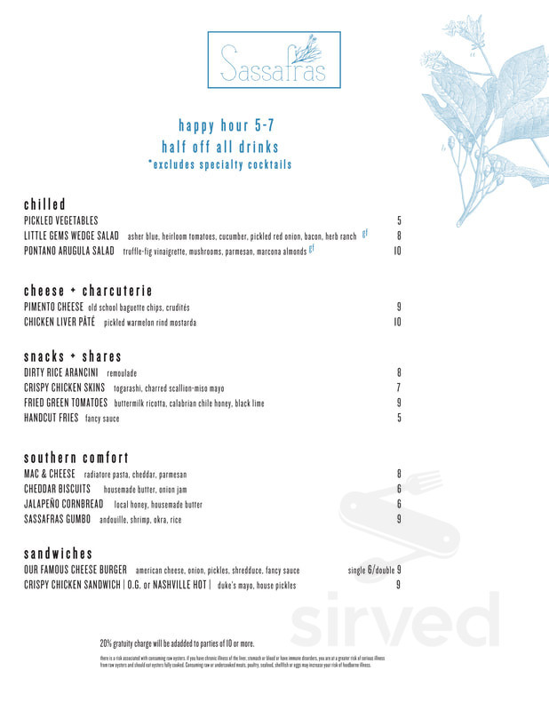 Sassafras menu in West Palm Beach, Florida, USA