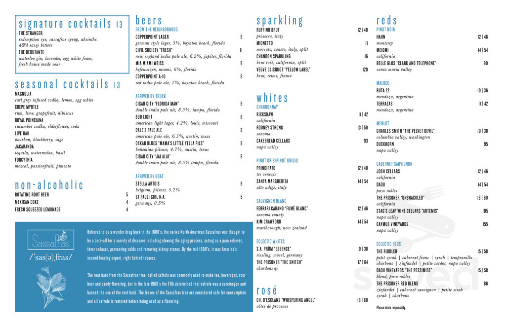 Sassafras menu in West Palm Beach, Florida, USA